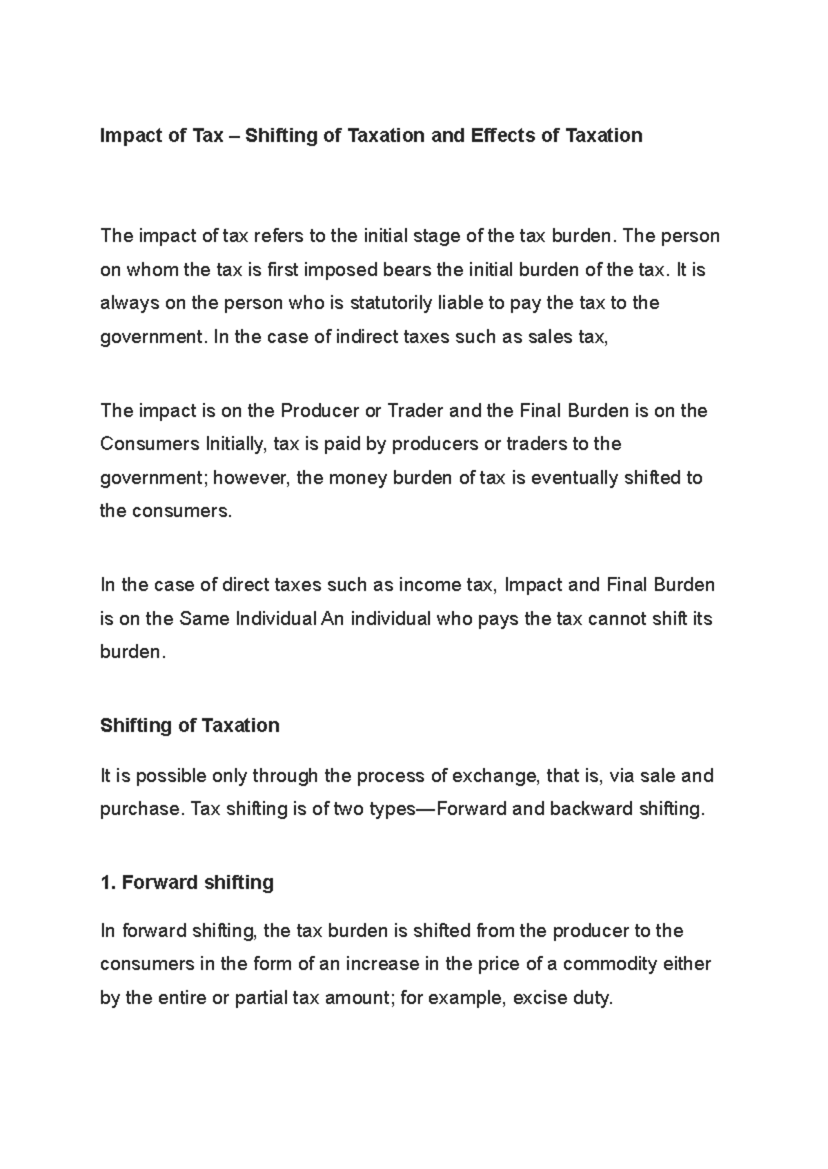 Impact of Taxation: Shifting, Effects, and Economic Consequences - Studocu
