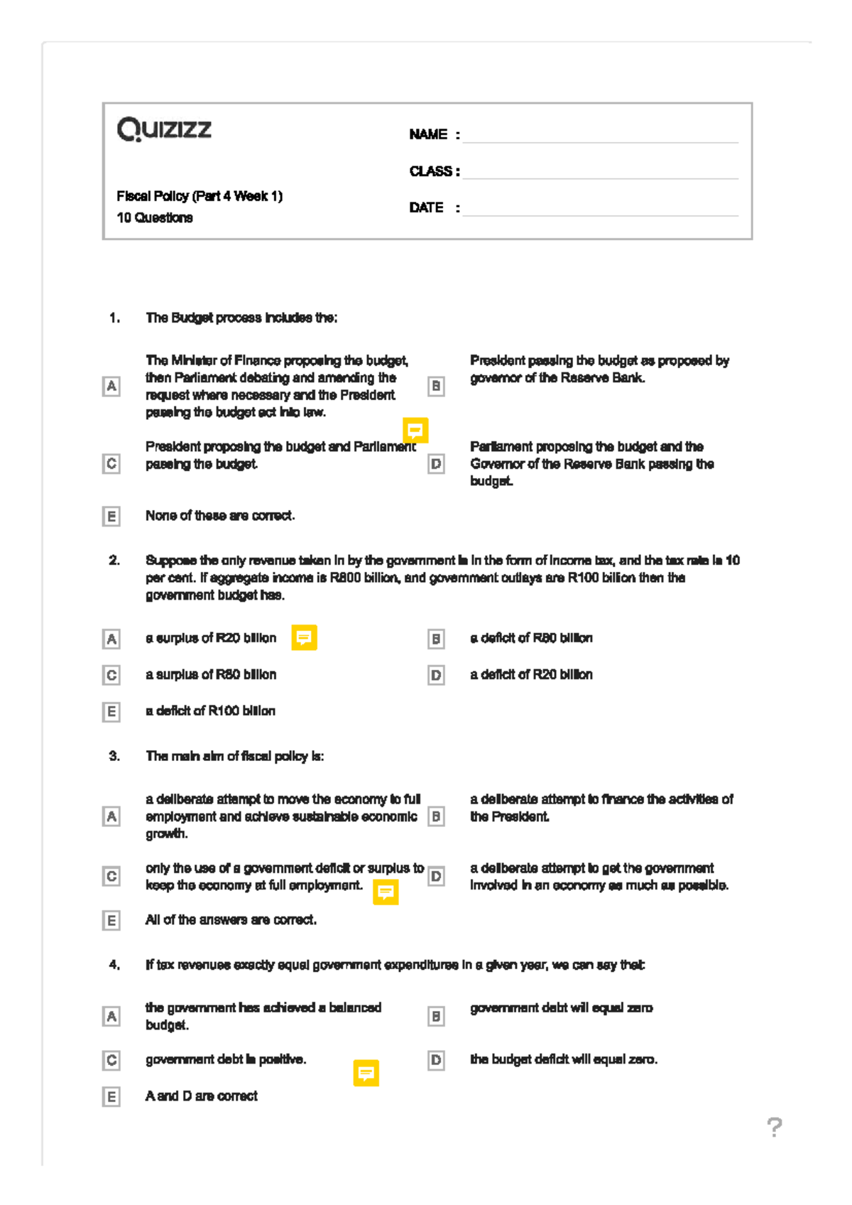 Fiscal Policy Quiz (Part 4 Week 1) - 10 Questions Worksheet - Studocu