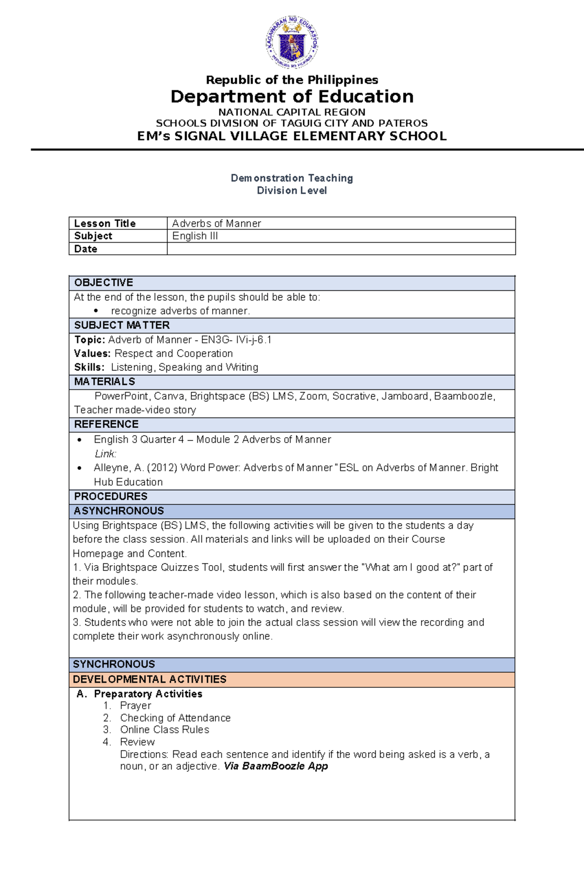 Lesson PLAN FOR DEMO IN English 3 Kbgil 2 - Department of Education ...
