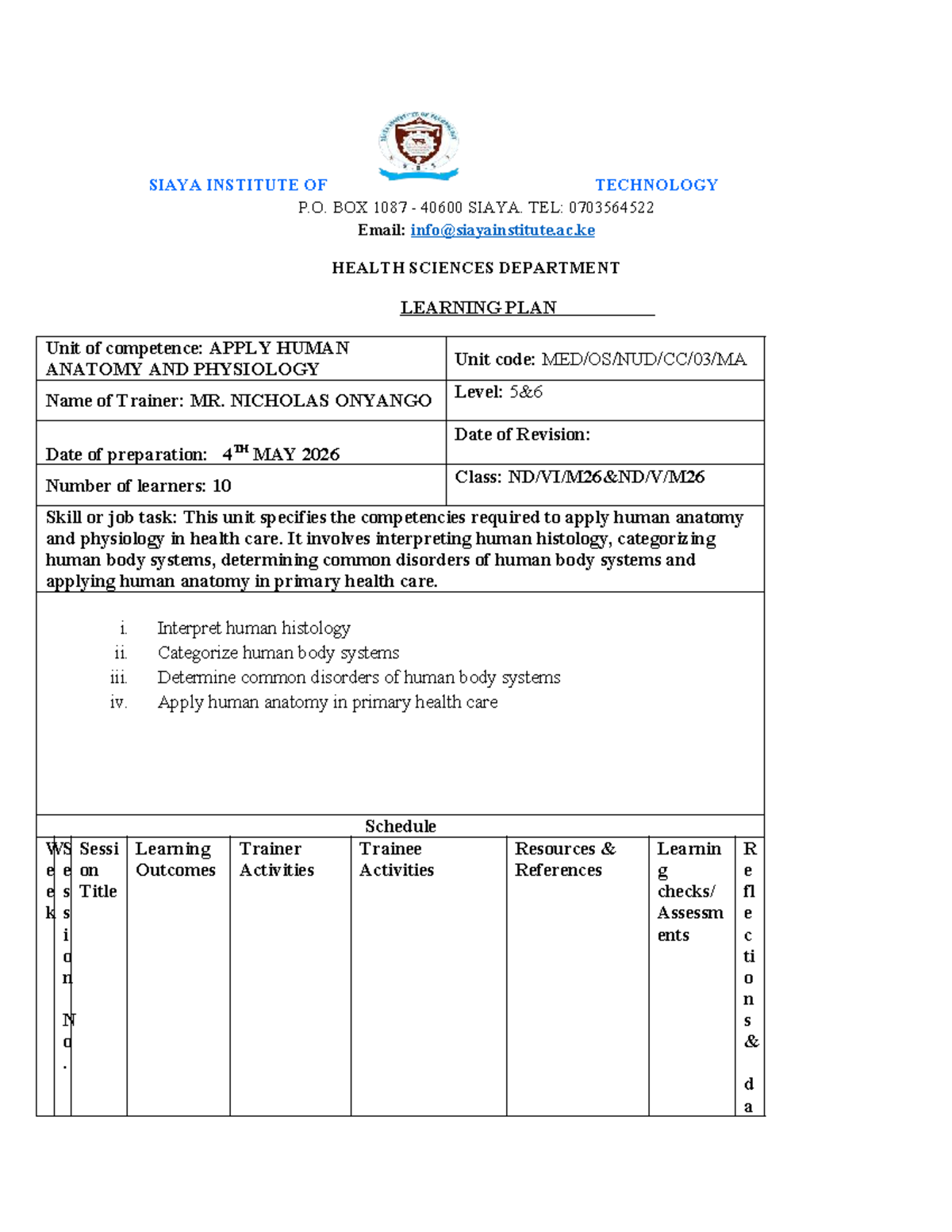 Apply Human Anatomy and Physiology - Learning Plan Term 2 2026 - Studocu