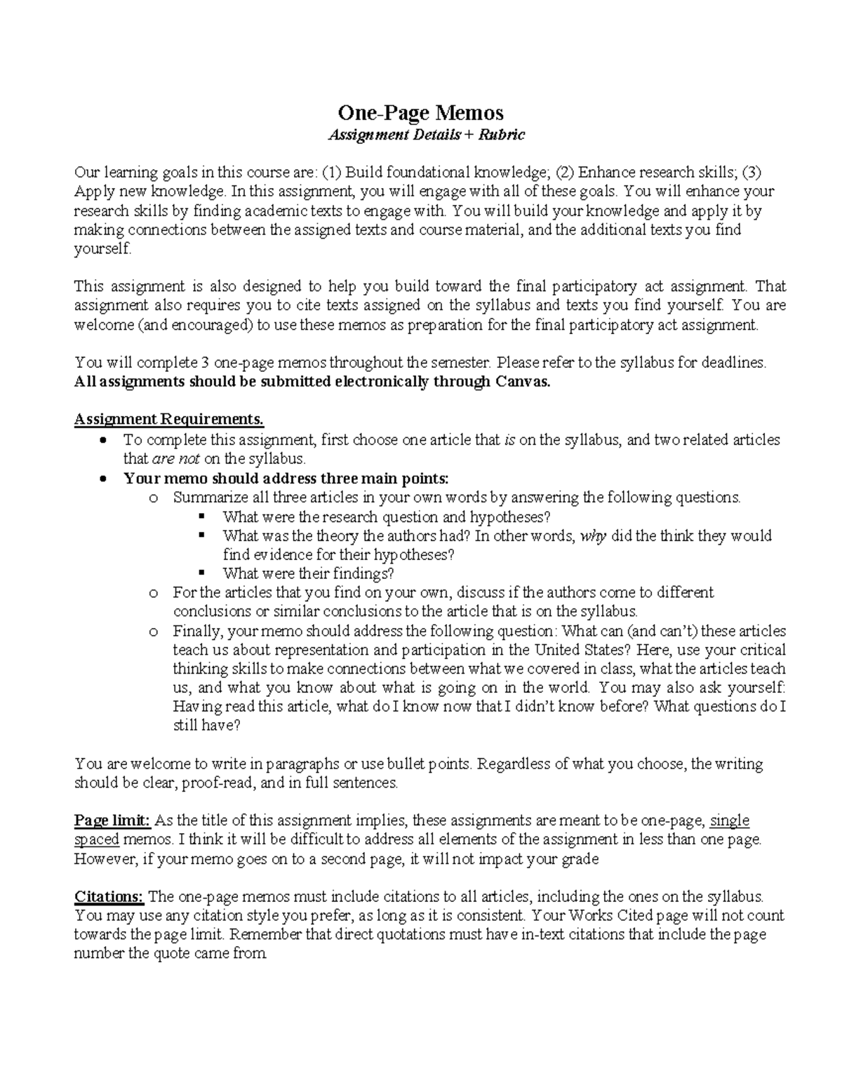 One-Page Memo Assignment Details - In this assignment, you will engage ...