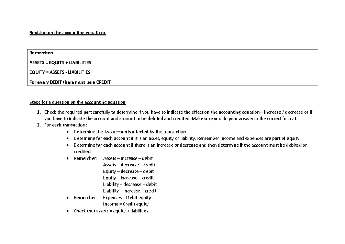 Revision on the Accounting Equation: Assets, Liabilities, Equity - Studocu