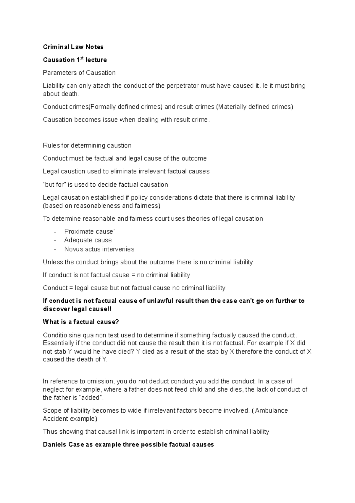 Criminal Law Notes Causation Criminal Law Notes Causation 1st Lecture Parameters Of