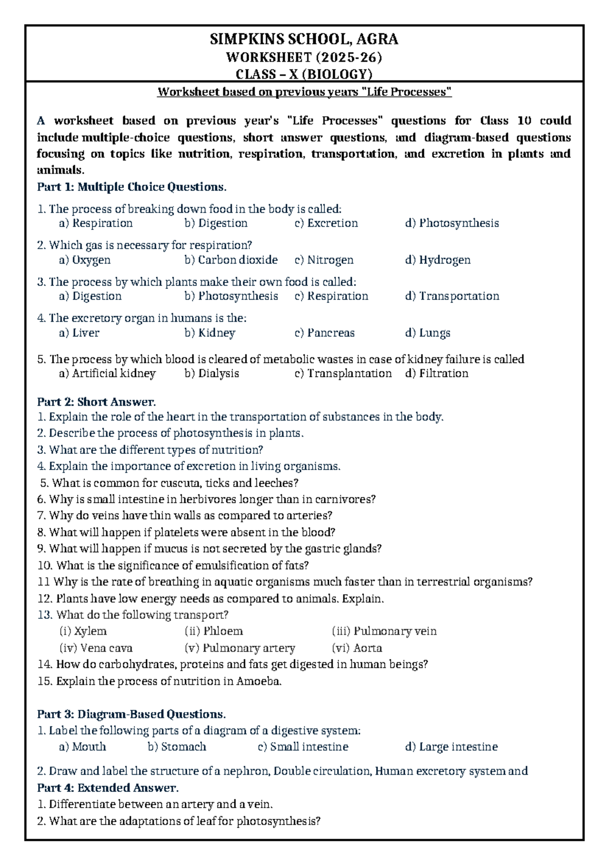 Biology Worksheet Class X: Key Concepts on Nutrition & Excretion - Studocu