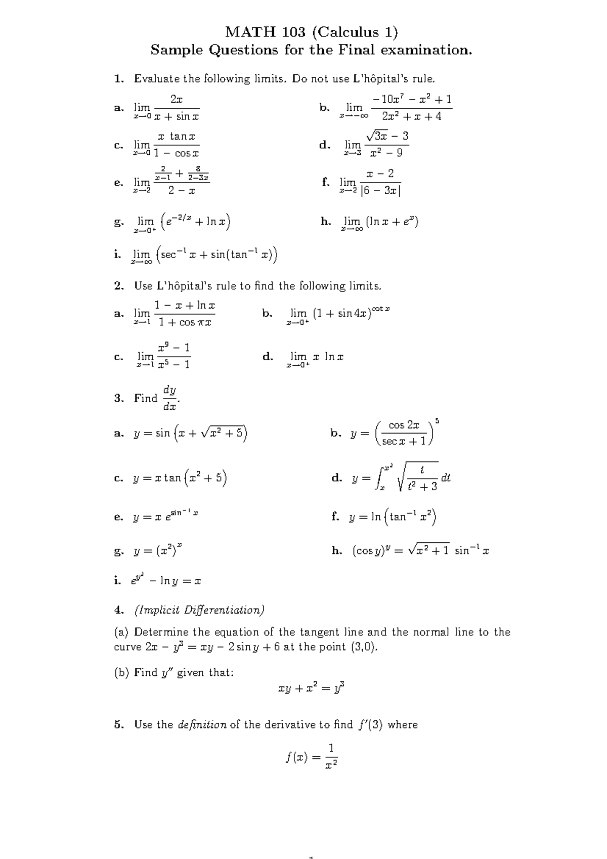 Math 103 Calculus I Final Exam Review Sample Questions Solutions