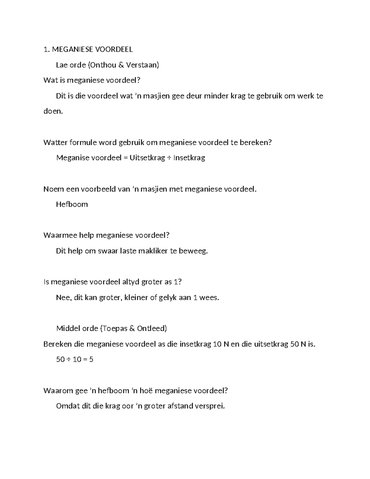 Meganiese Voordeel - Toets vir Graad 9 Leerders - Studocu