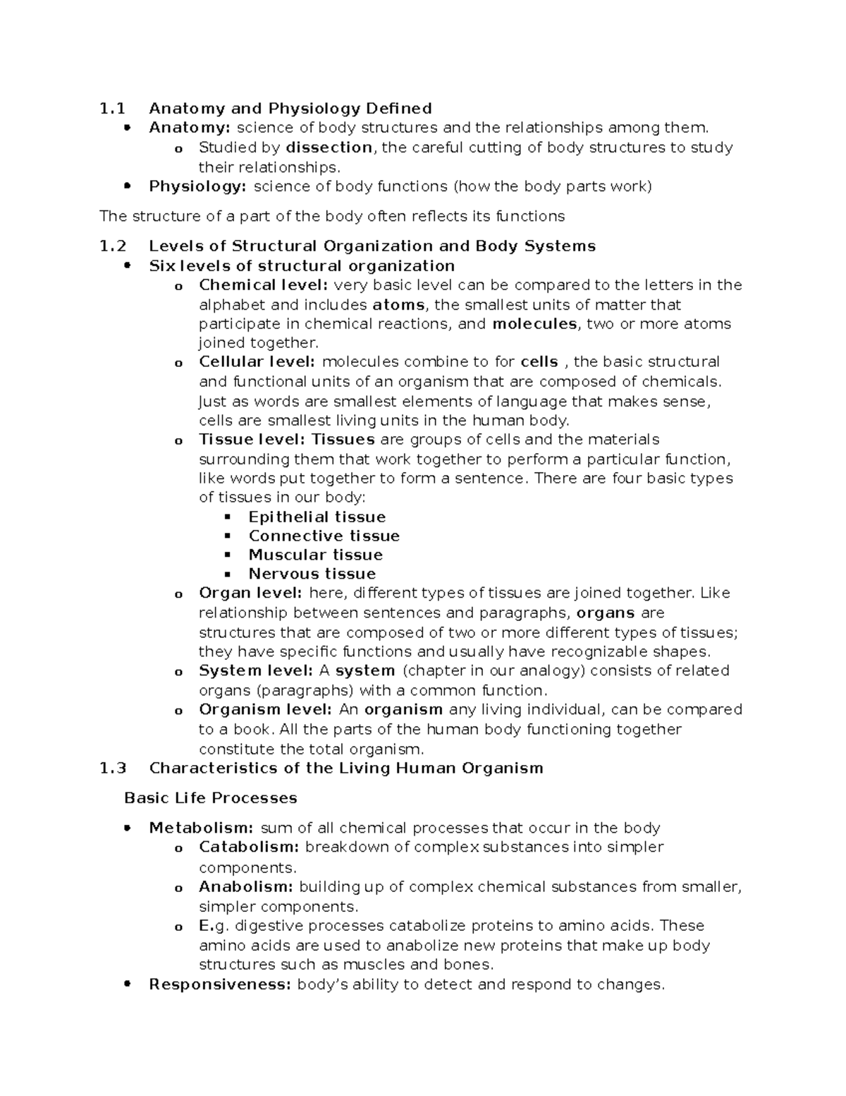 Anatomy & Physiology I: Comprehensive Unit 1 Study Notes - Studocu