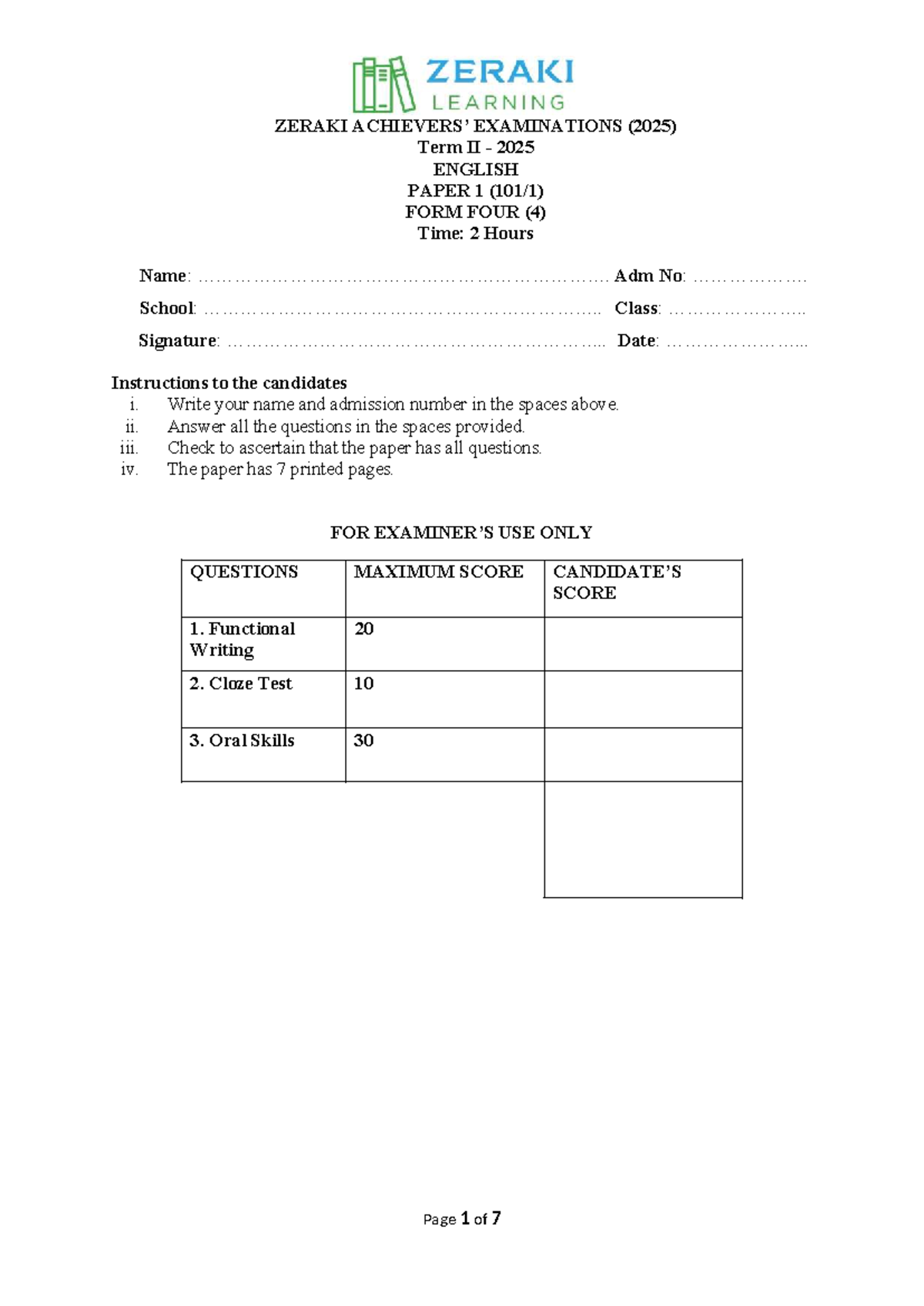 Form 4 English Paper 1 - ZERAKI EXAMINATIONS Term II 2025 - Studocu