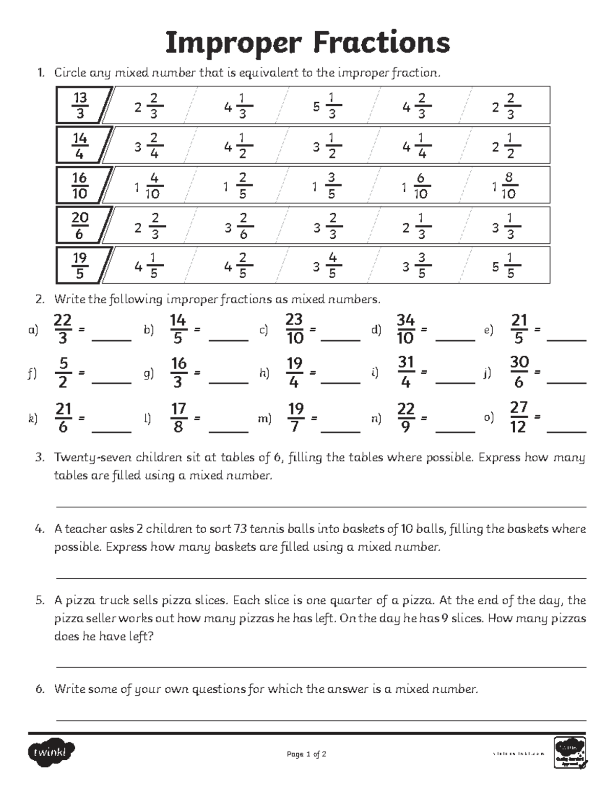 Us2-m-92 Improper Fractions Activity Sheet: Mixed Numbers & Answers ...