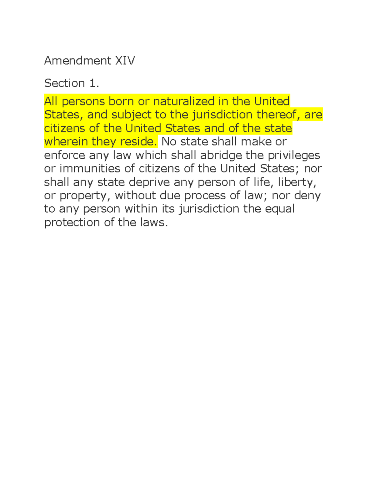 Analysis of the Fourteenth Amendment and Its Implications - PRL 423 - Amendment XIV Section 1 ...