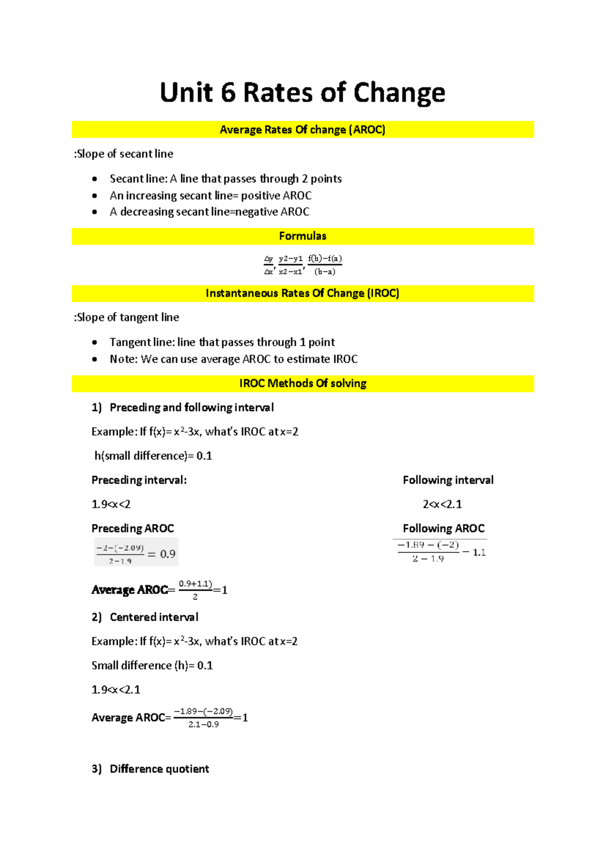 Unit 6 Rates of Change - Unit 6 summary which covers all subchapters ...