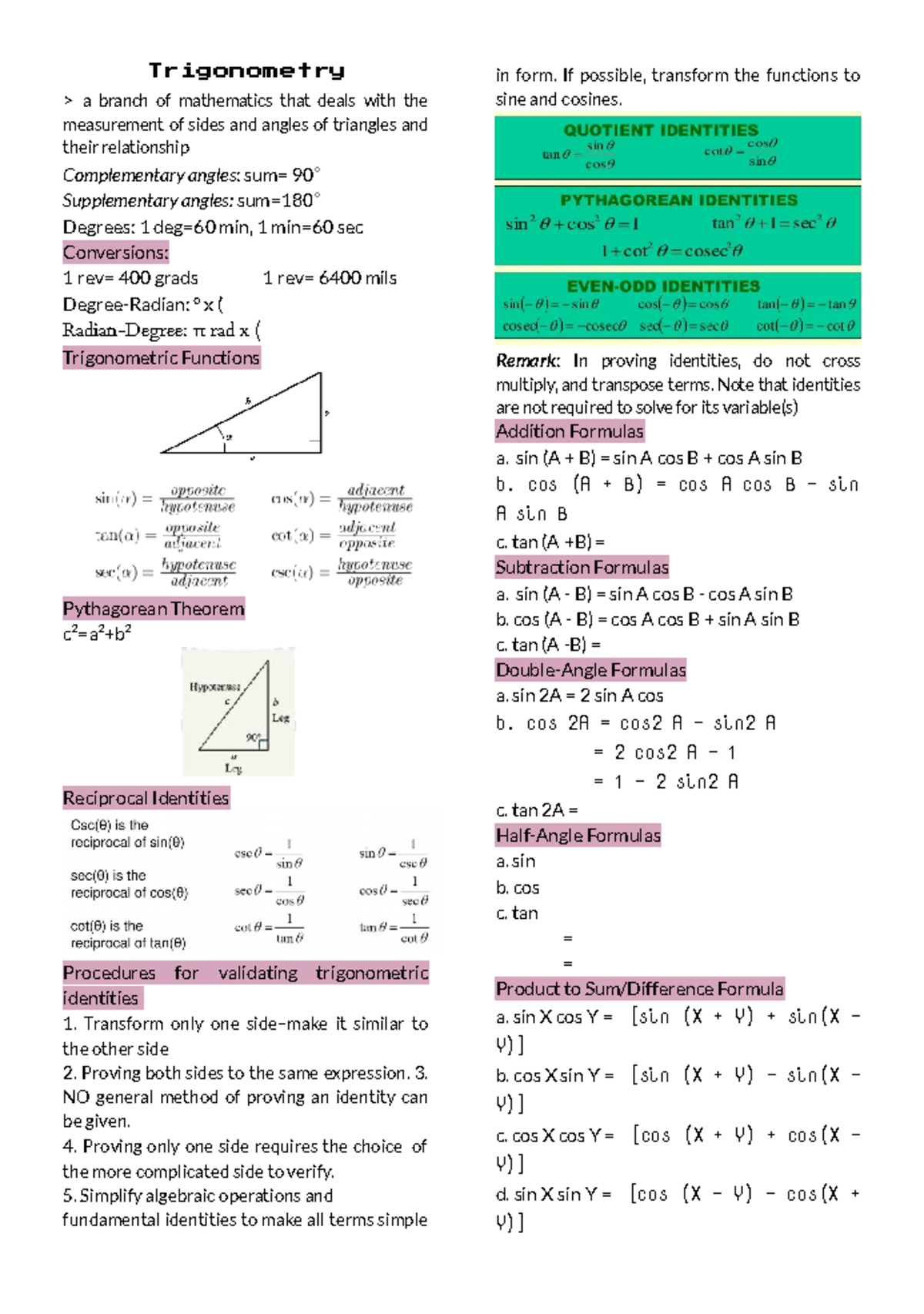 Trigonometry 101: Intro to Basic Principles and Functions - Studocu