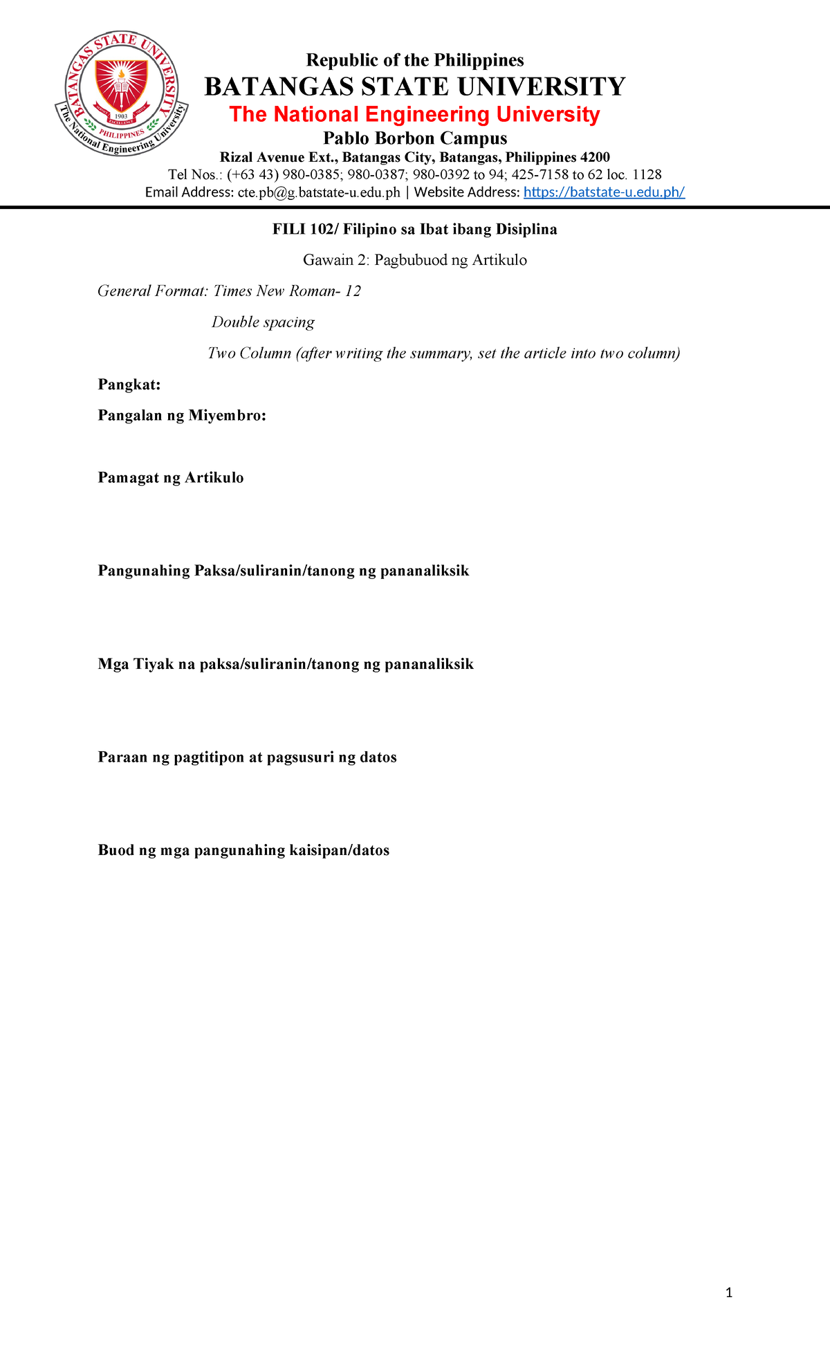 Akbiti 2 Pagbubuod ng Artikulo 1 - Republic of the Philippines BATANGAS ...