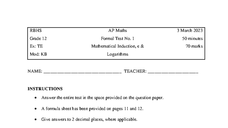 Gr12 AP Maths FT1: Induction, Exponential & Logarithms Test - Studocu