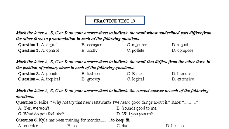PRACTICE TEST 19: Pronunciation and Stress Questions - Studocu