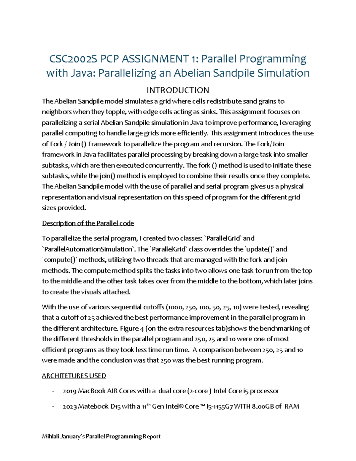 CSC2002S PCP Assignment 1: Parallelizing the Abelian Sandpile in Java - Studocu