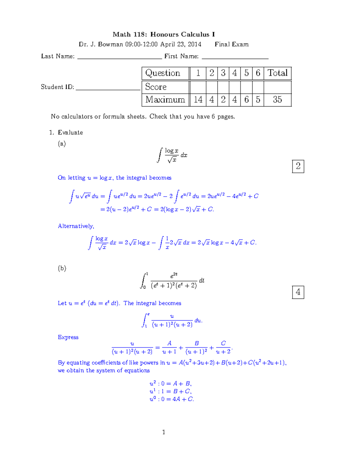 Math 118: Honours Calculus I Final Exam Solutions Review Sheet - Studocu