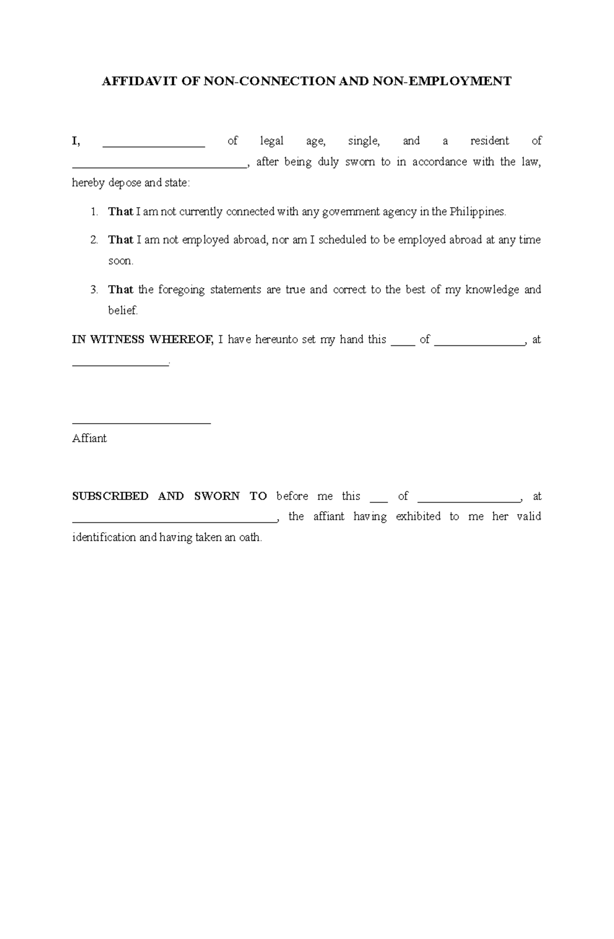 Affidavit of Non-Connection & Non-Employment Format Document - Studocu