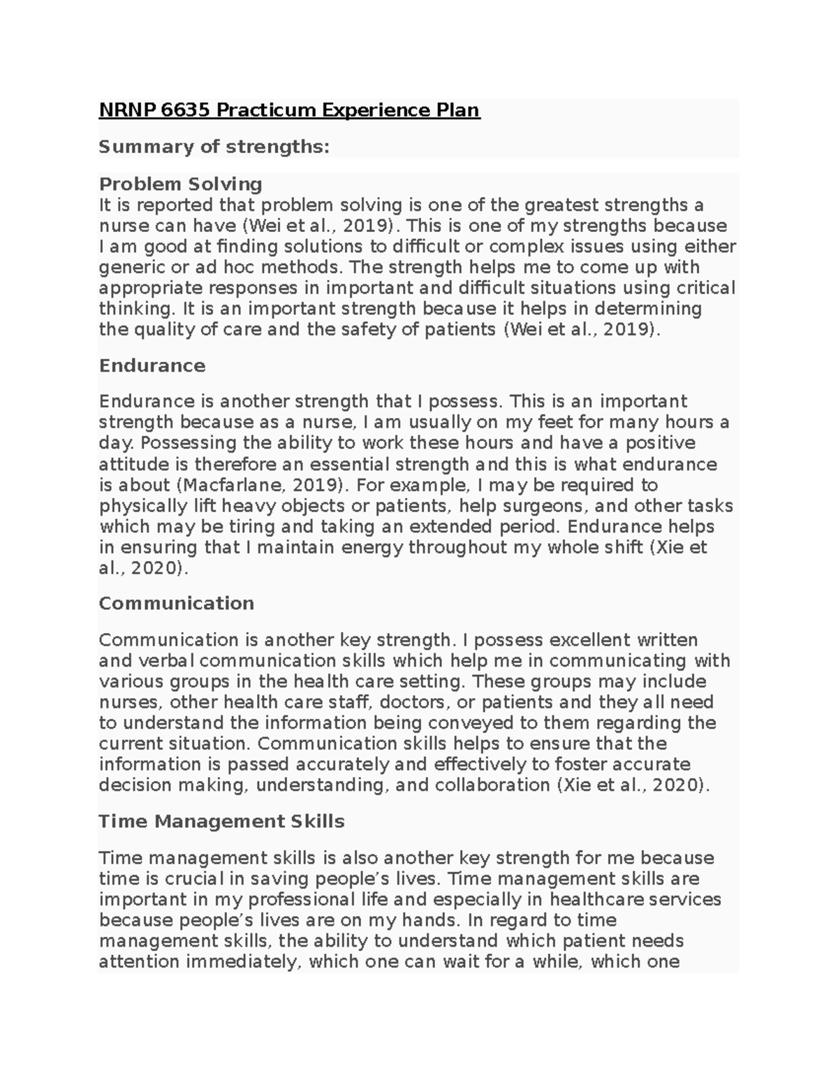 NRNP 6635 Week 2 Practicum Experience Plan: Strengths & Growth ...