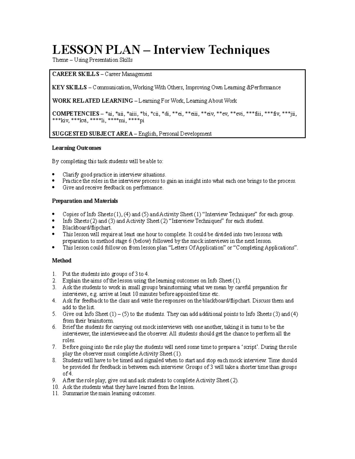 Lesson Plan 13: Enhancing Interview Techniques Through Practice - Studocu