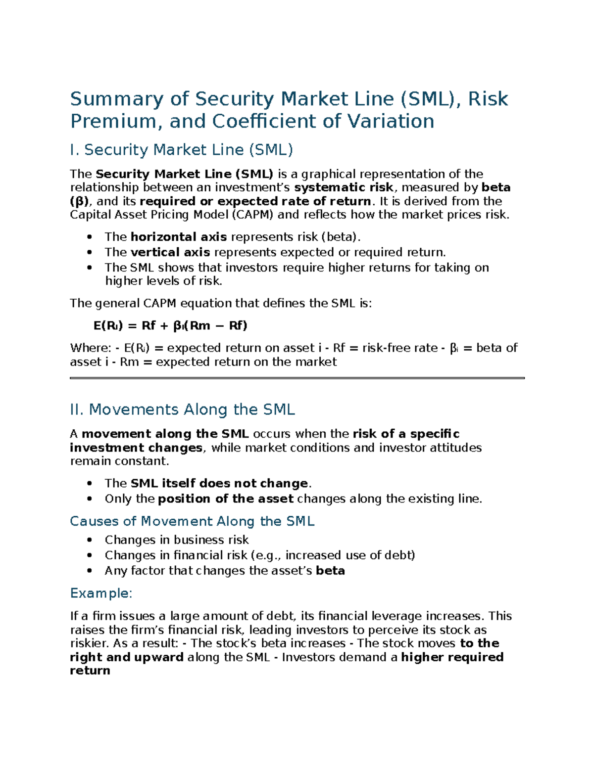 Summary of SML, Risk Premium & Coefficient of Variation - Studocu