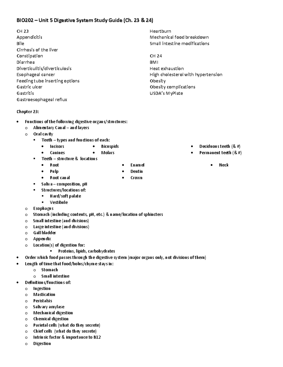 BIO202 – Digestive System Study Guide for Unit 5 (Ch. 23 & 24) - Studocu