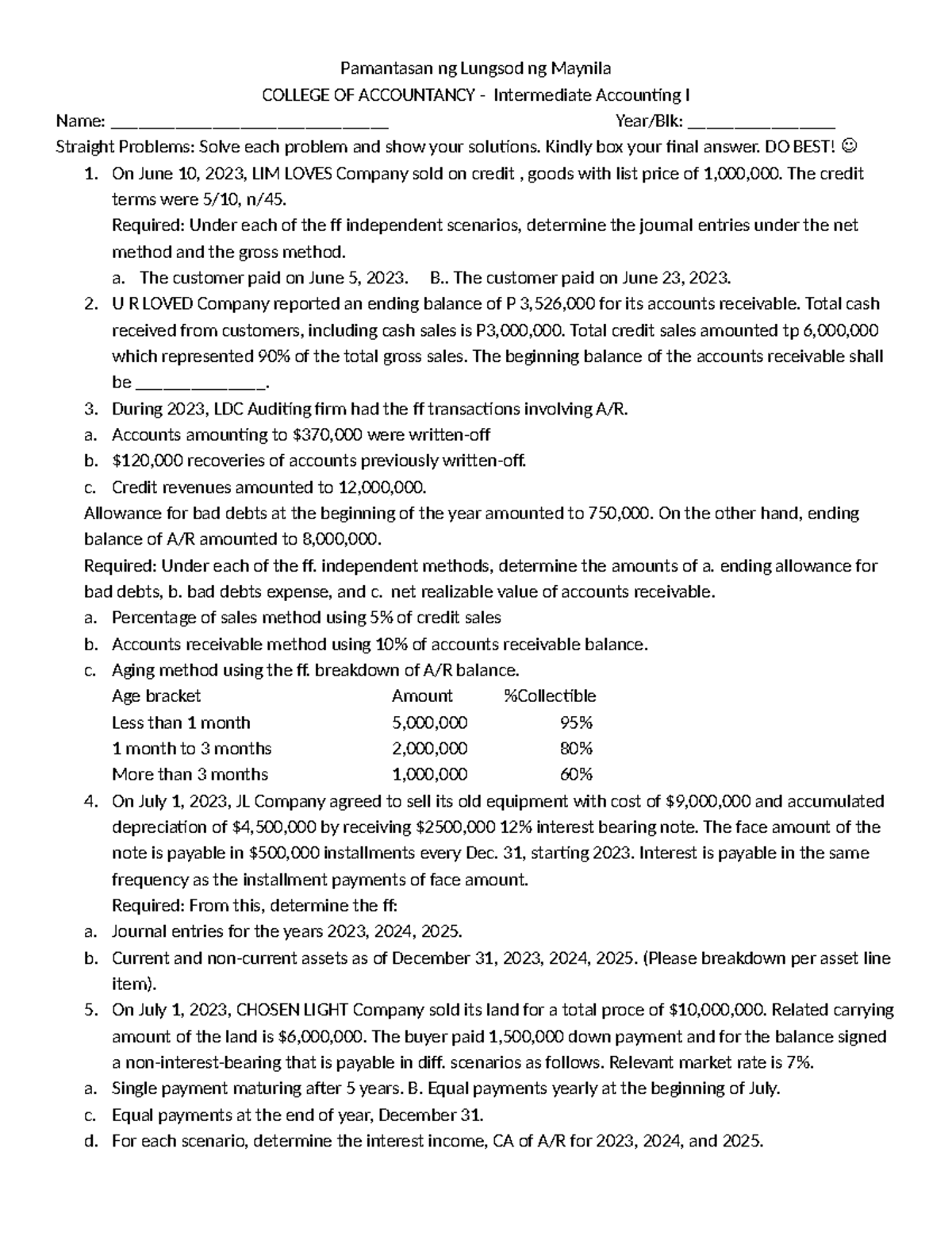 PLM Quiz 2: Sample Problems on Accounts Receivable & Notes Receivable ...