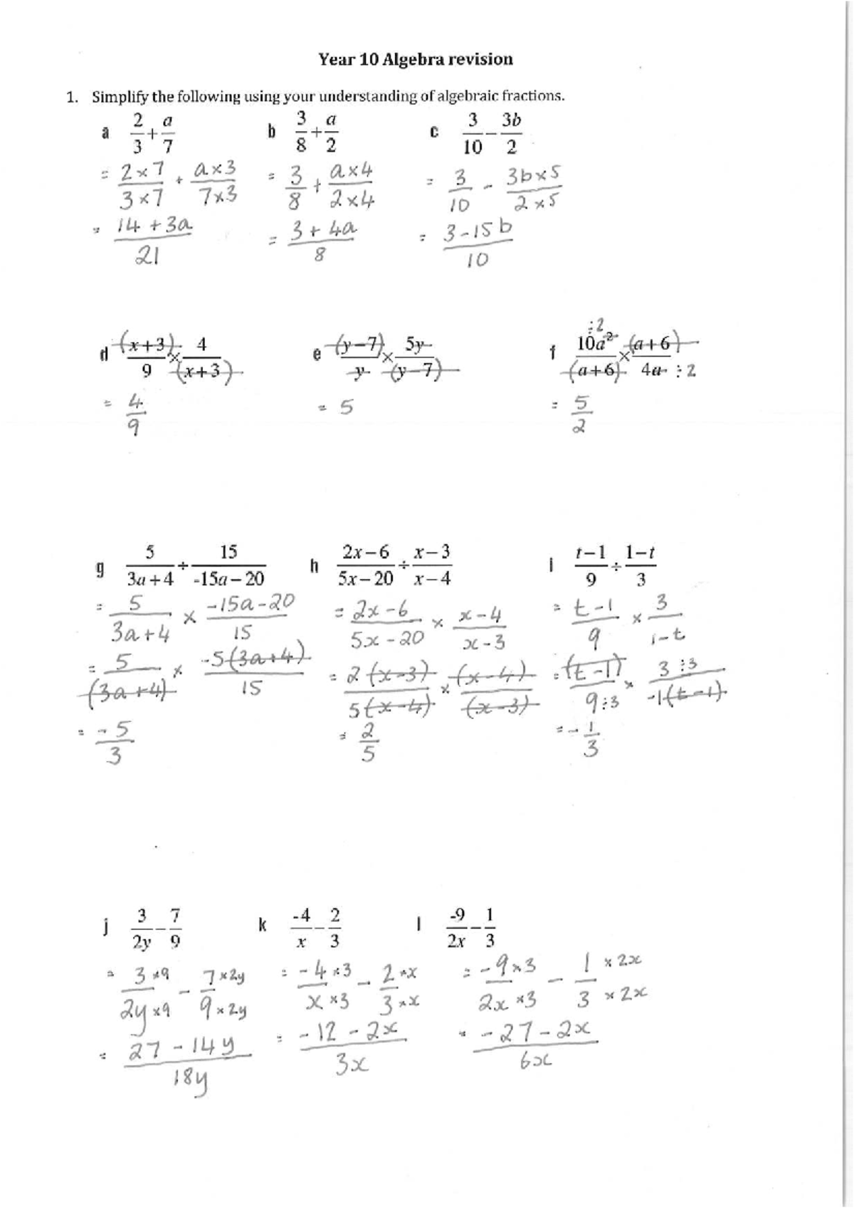 Year 10 Algebra Revision: Simplifying Fractions & Expansions - Studocu