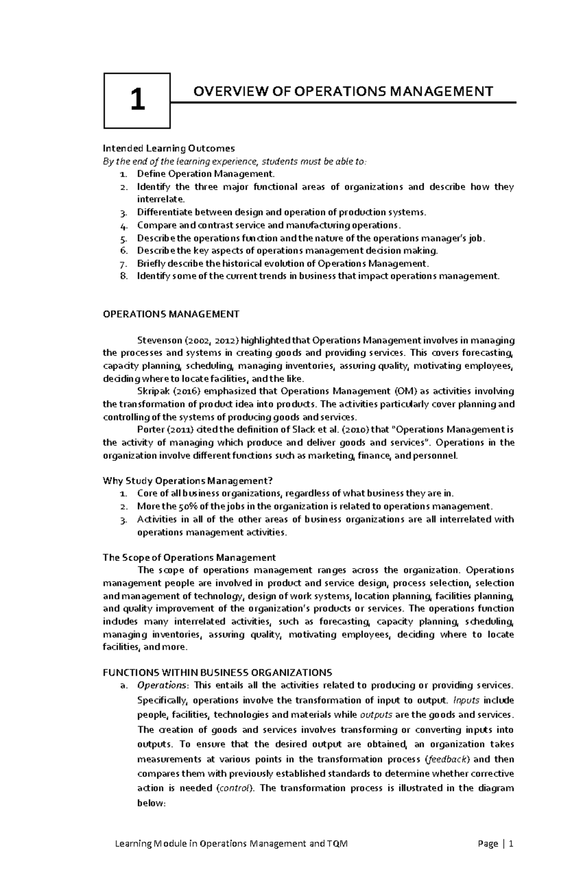 Chapter 1 Overview of Operations Management and Total Quality ...