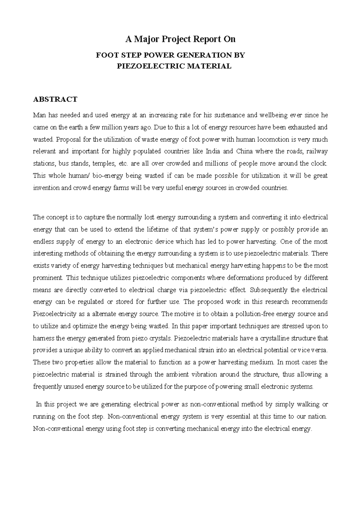 A Major Project Report On FOOT STEP POWER - A Major Project Report On ...