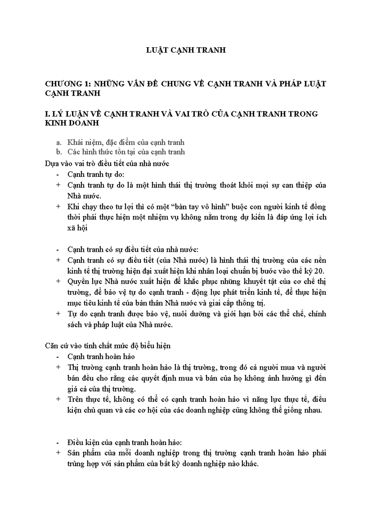 ÔN TẬP LUẬT CẠNH TRANH CHƯƠNG 1: CÁC VẤN ĐỀ CƠ BẢN VỀ CẠNH TRANH - Studocu