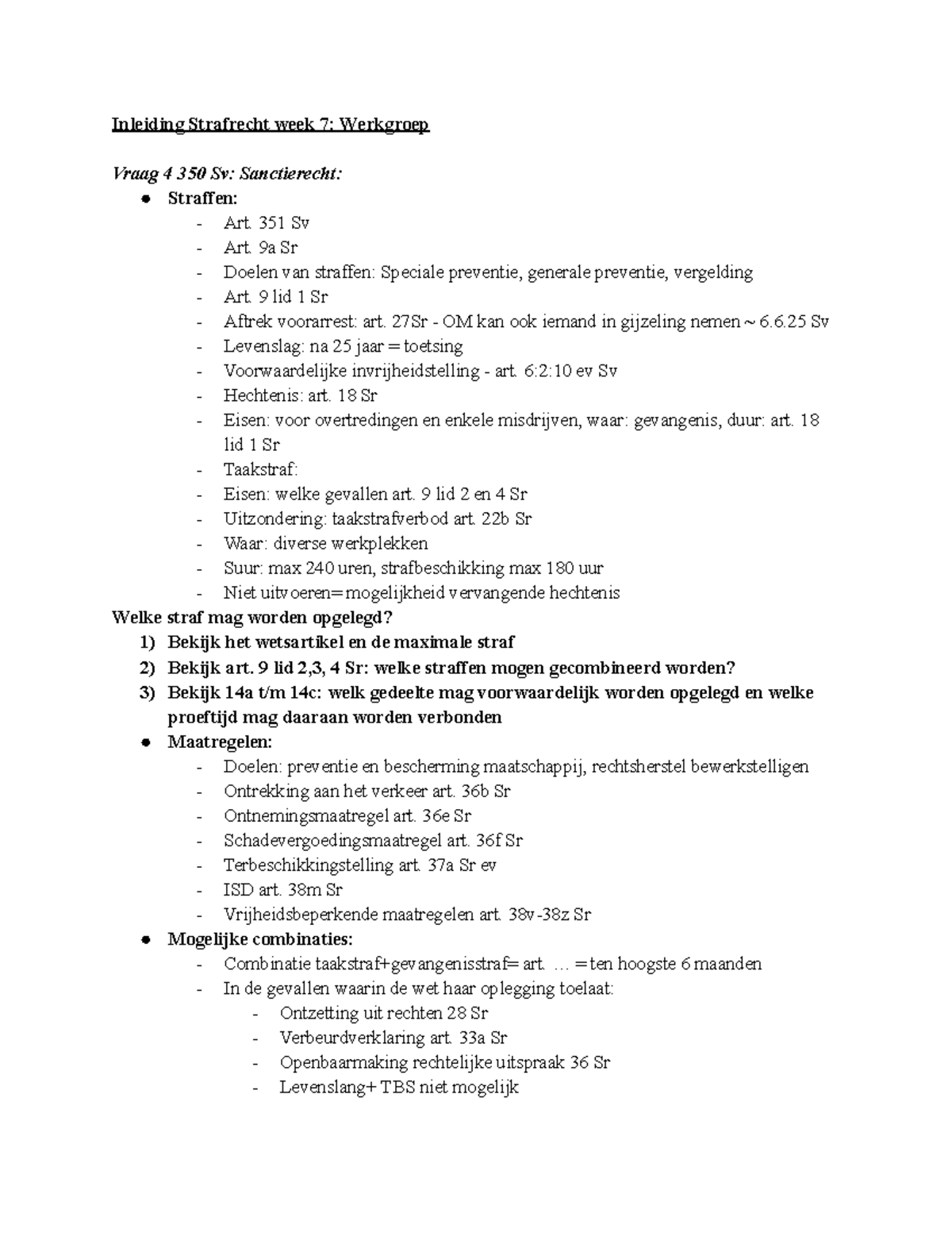 Inleiding Strafrecht - Werkgroep Notities Week 7: Sanctierecht ...