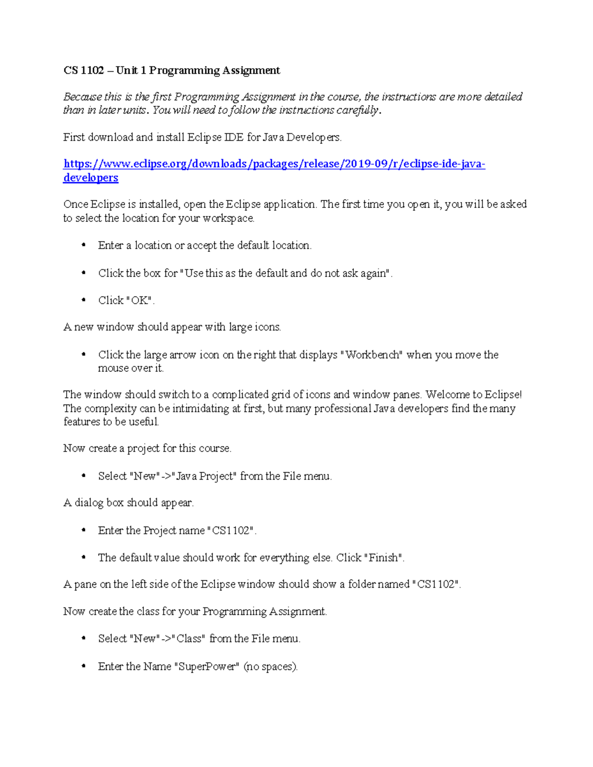 CS 1102 – Unit 1: Detailed Programming Assignment Instructions - Studocu