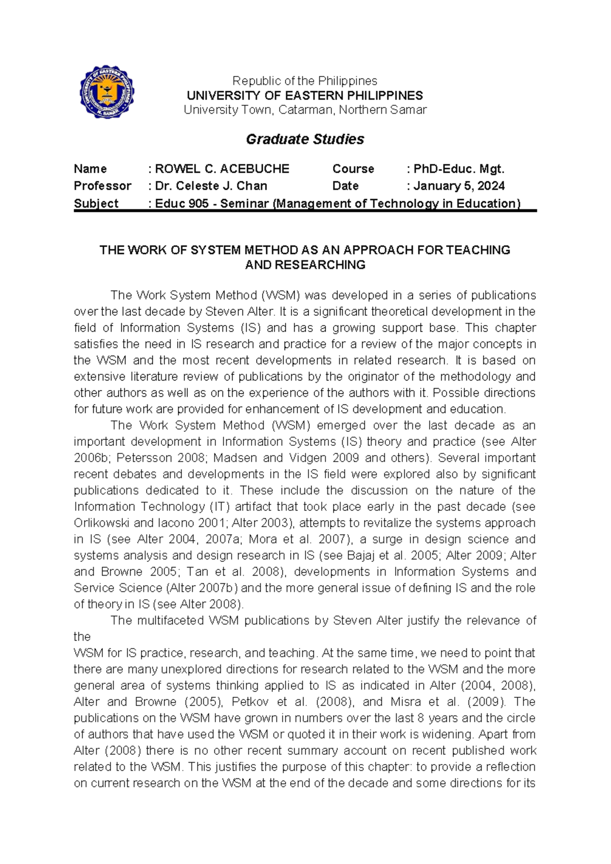 Educ 905 Seminar: The Work System Method in IS Education and Research ...