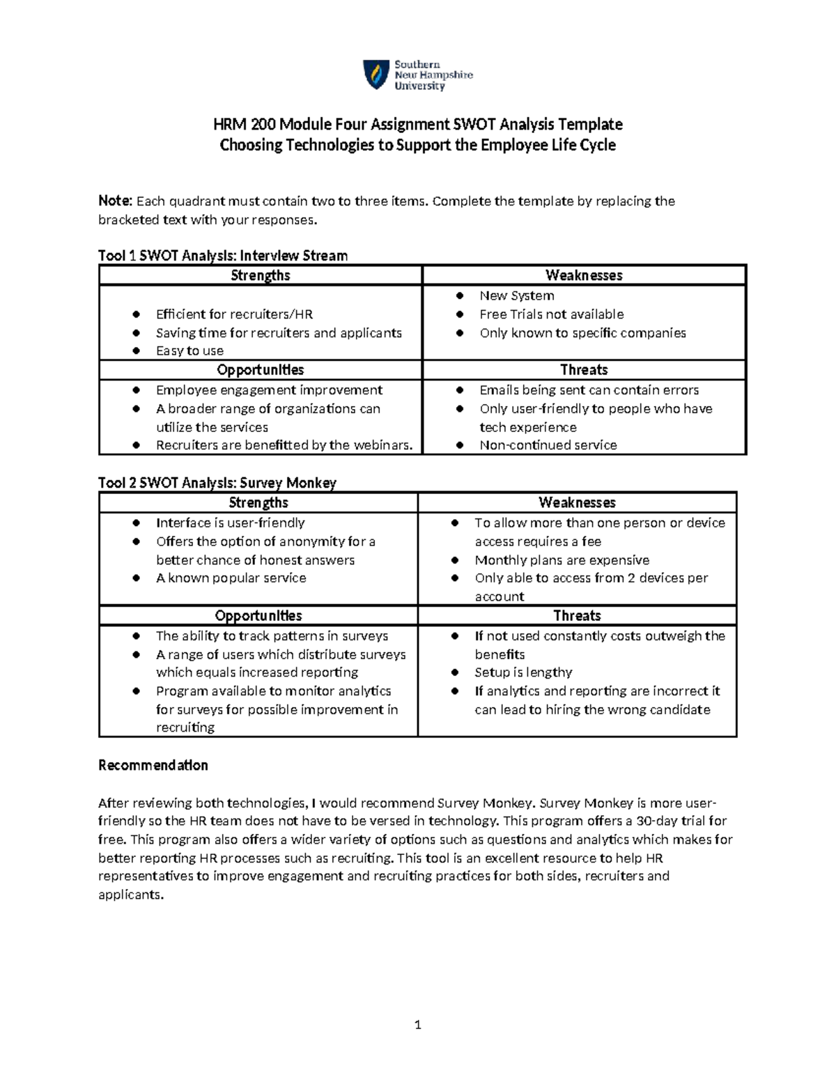 HRM 200 Module Four SWOT Analysis: Technology for Employee Lifecycle ...