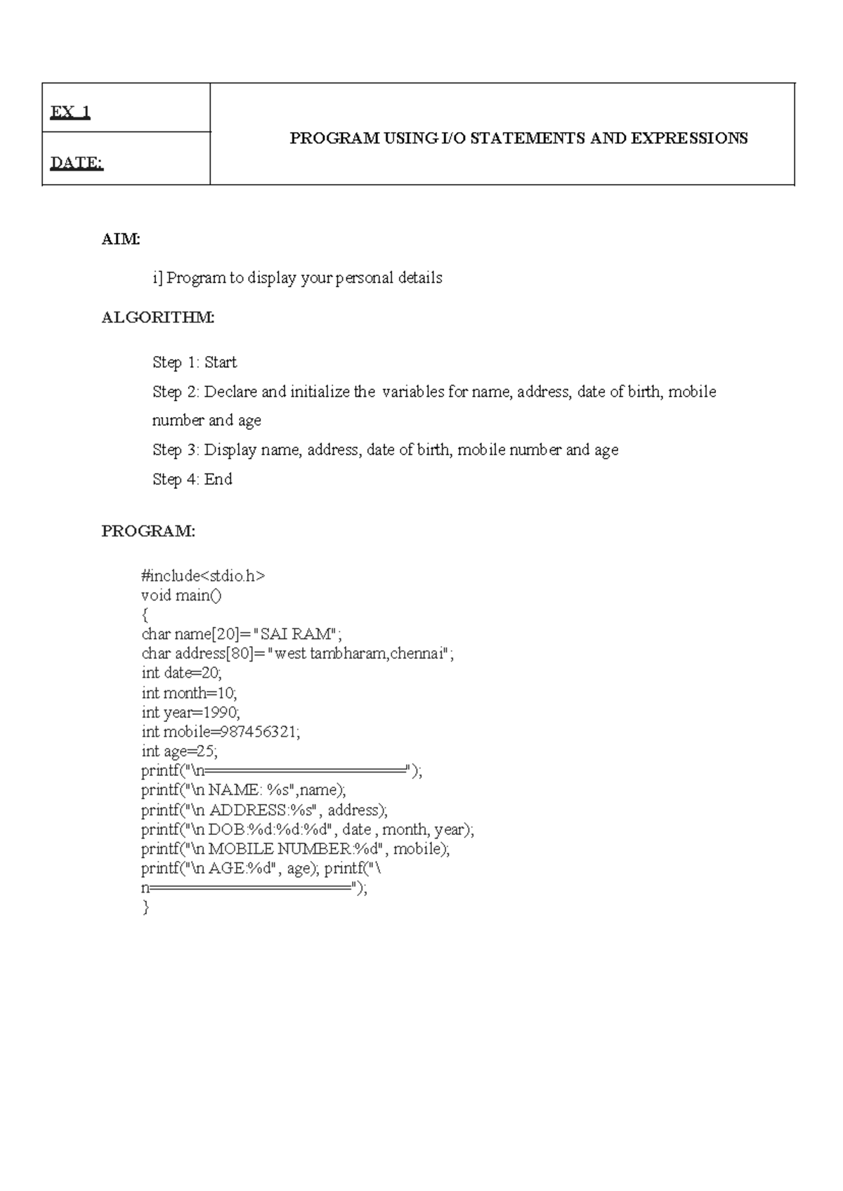 C Programming Laboratory Manual with Exercises and Outputs - Studocu