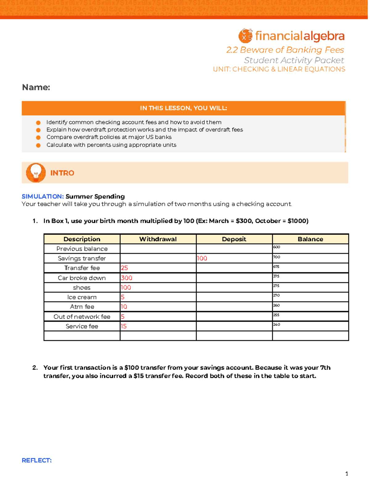 4 FA 2.2 - Understanding and Avoiding Banking Fees Activity Packet ...