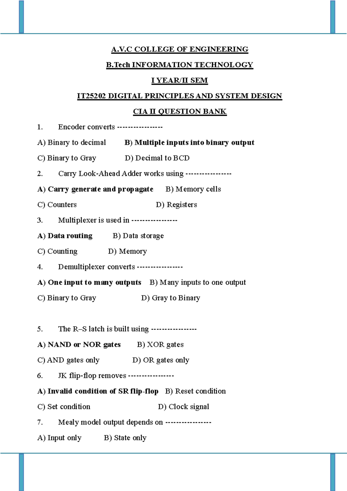 DPSD IT25202 Digital Principles & System Design CIA II Question Bank ...