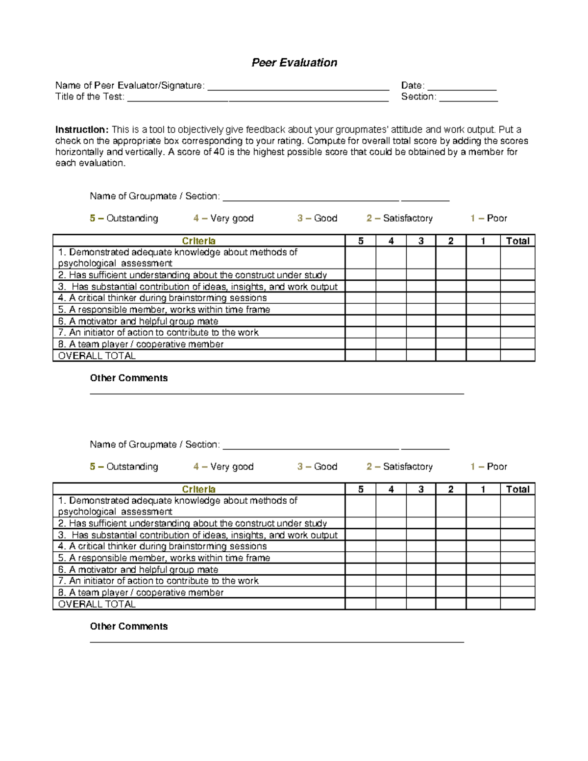Peer Evaluation Form - PSY 101 Assessment Tool - Studocu
