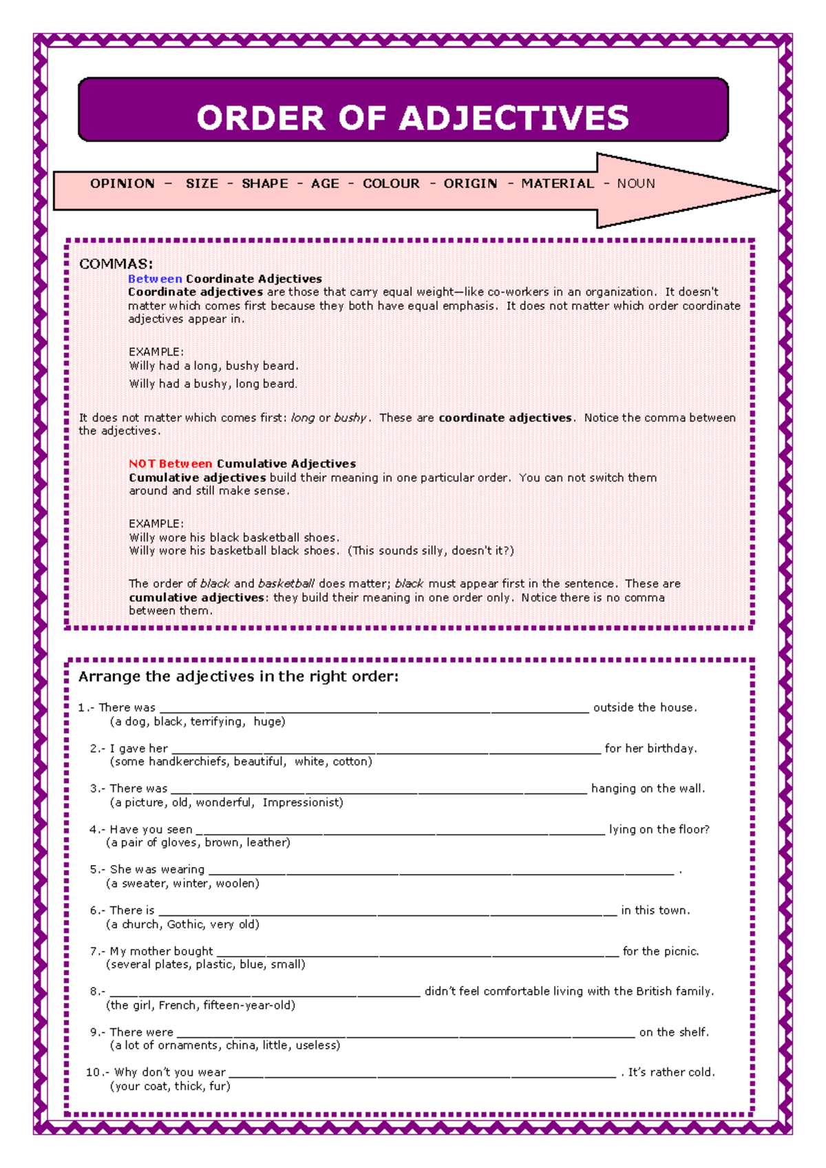 Adjective Order Worksheet: Understanding Coordinate vs Cumulative ...