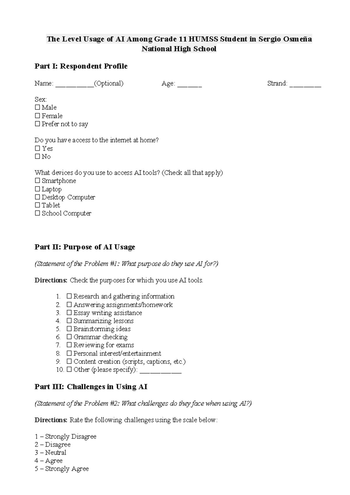 AI Usage Levels Among Grade 11 HUMSS Students: A Survey Study - Studocu