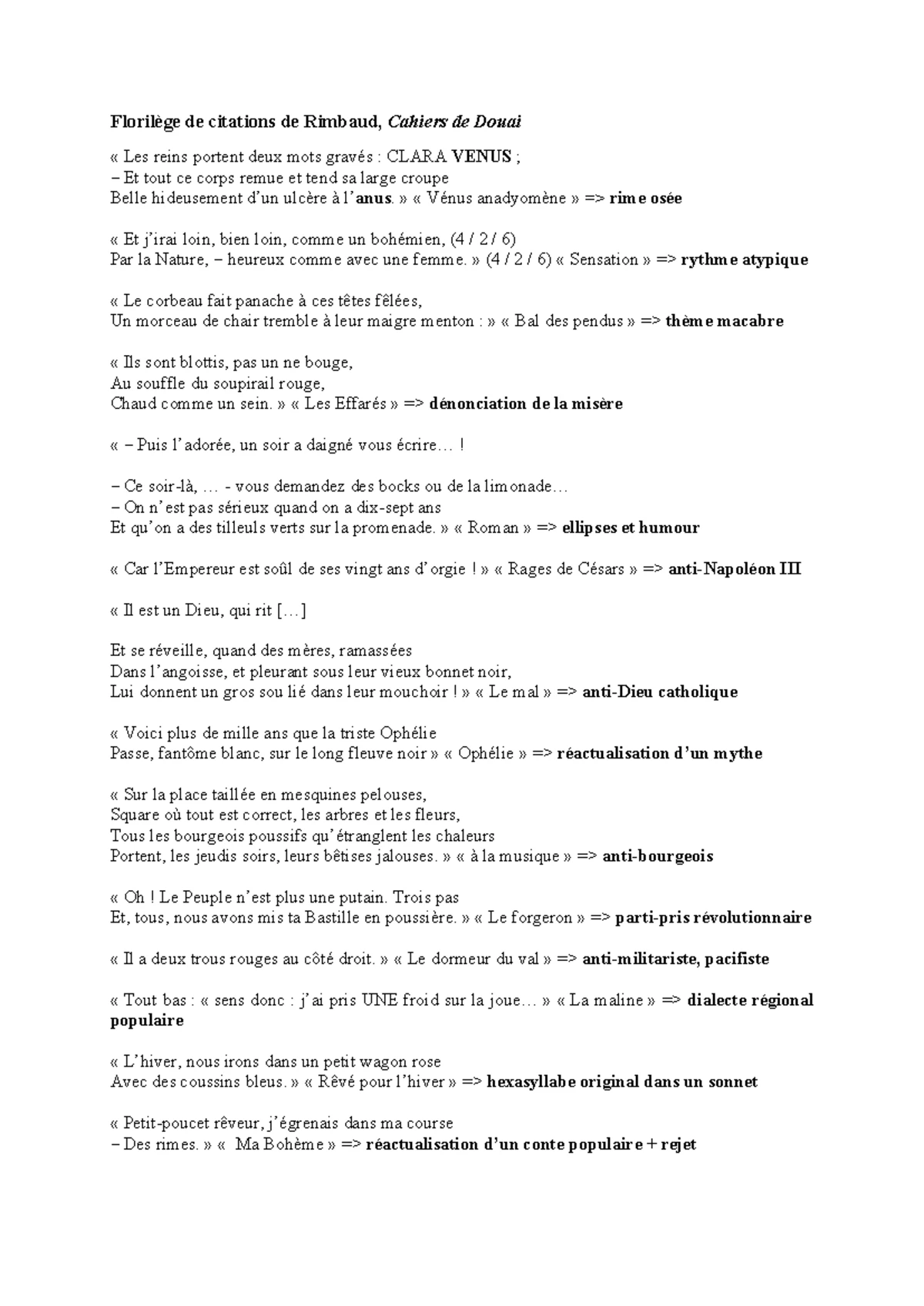 Résumé des poèmes des Cahiers de Douai : Arthur Rimbaud - Studocu