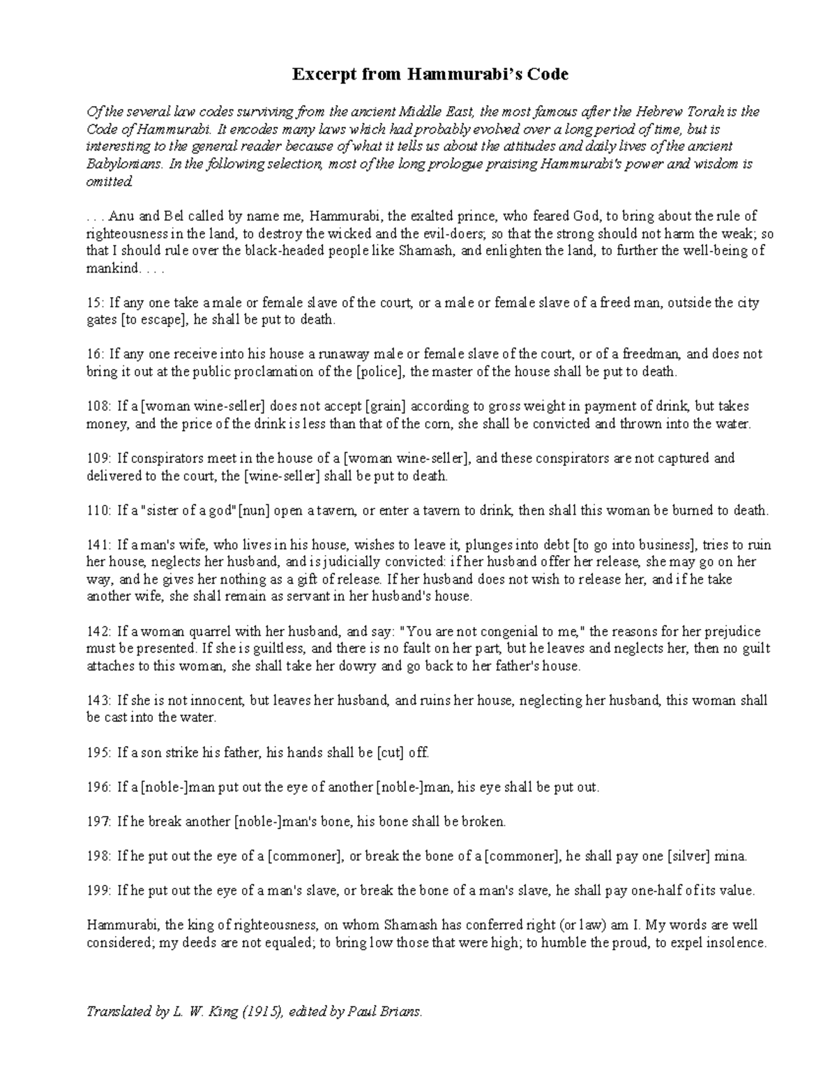 Excerpt from Code of Hammurabi: Ancient Laws and Their Impact - Studocu