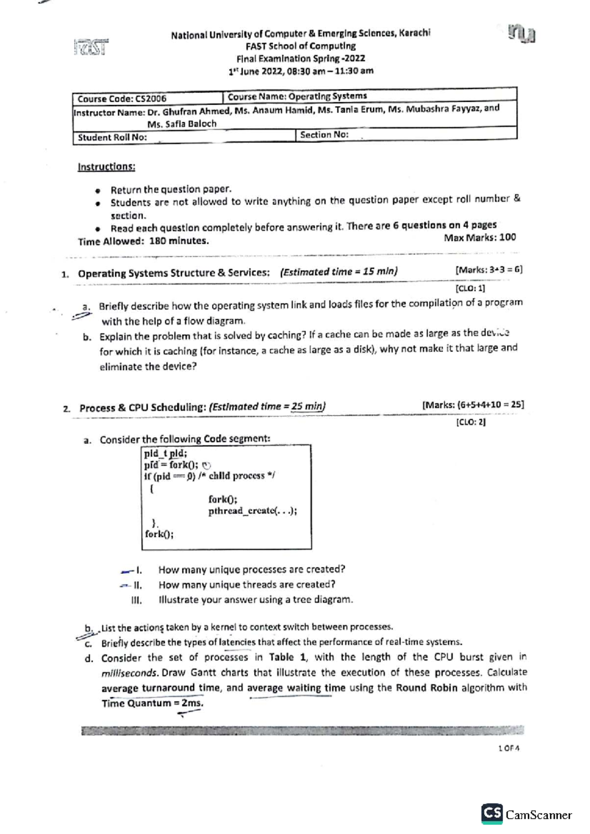 CS2006 Operating Systems Final Exam Spring 2022 - Question Paper - Studocu