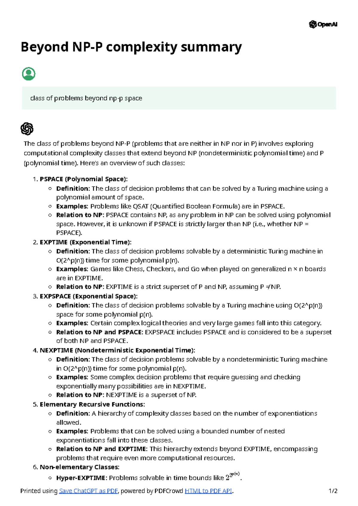 Beyond NP-P complexity summary - Here’s an overview of such classes ...