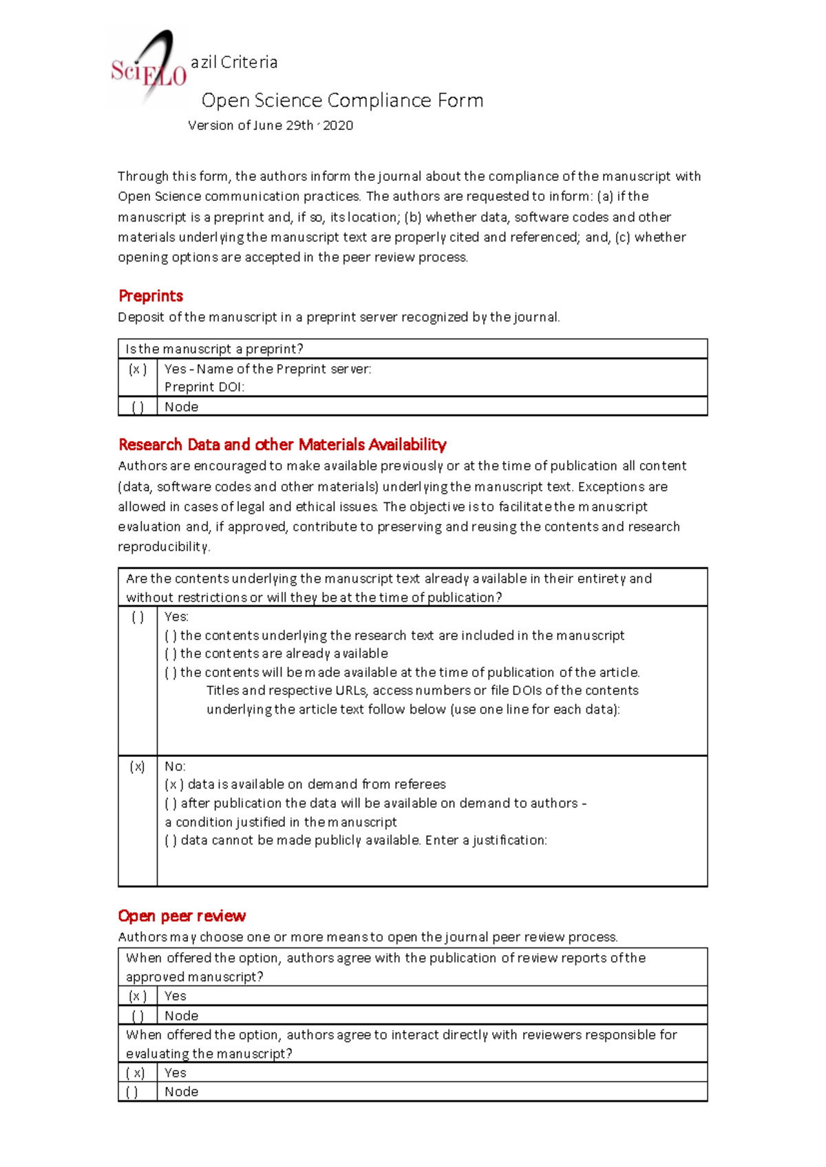 Open Science Compliance Form - SciELO Brazil (June 2020) - Studocu
