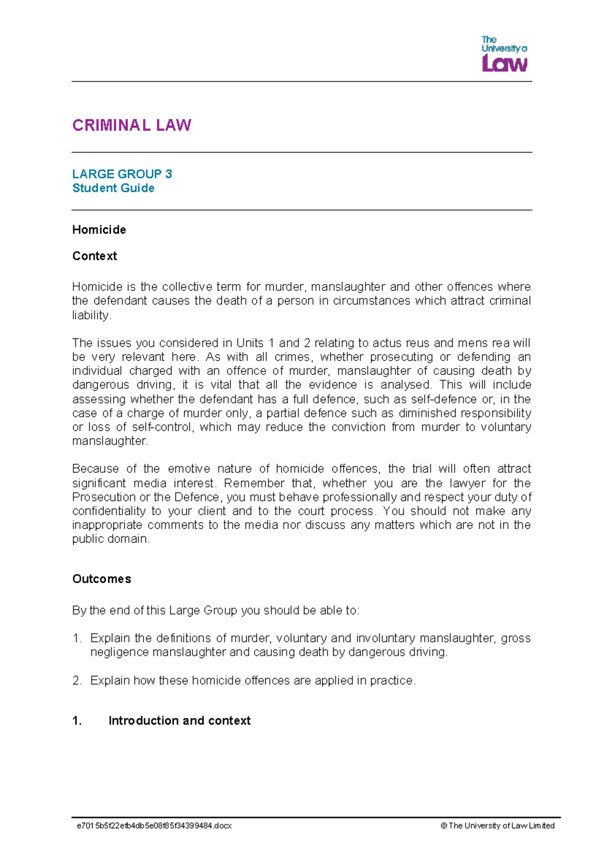 CRIMINAL LAW LG03 CE01 Student Guide: Understanding Homicide - Studocu