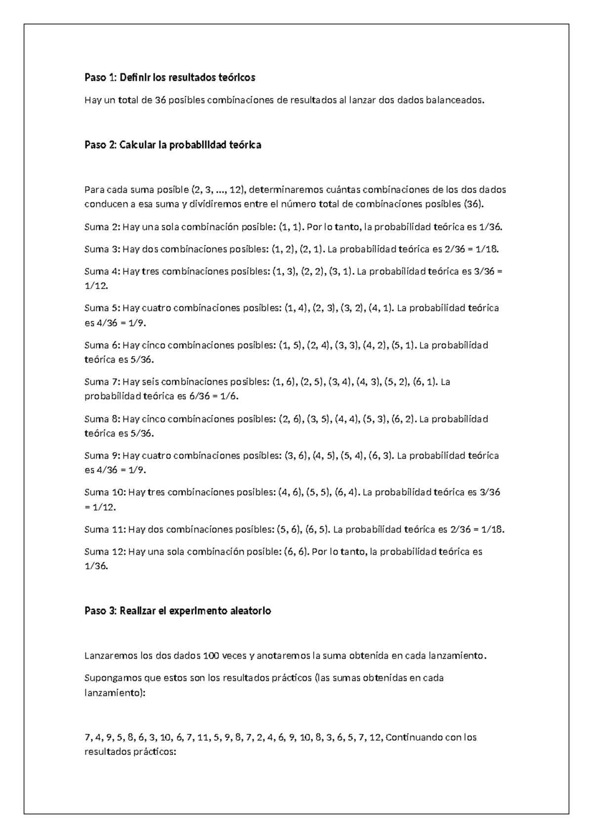 Probabilidad Teórica y Resultados Prácticos de Lanzar Dos Dados ...