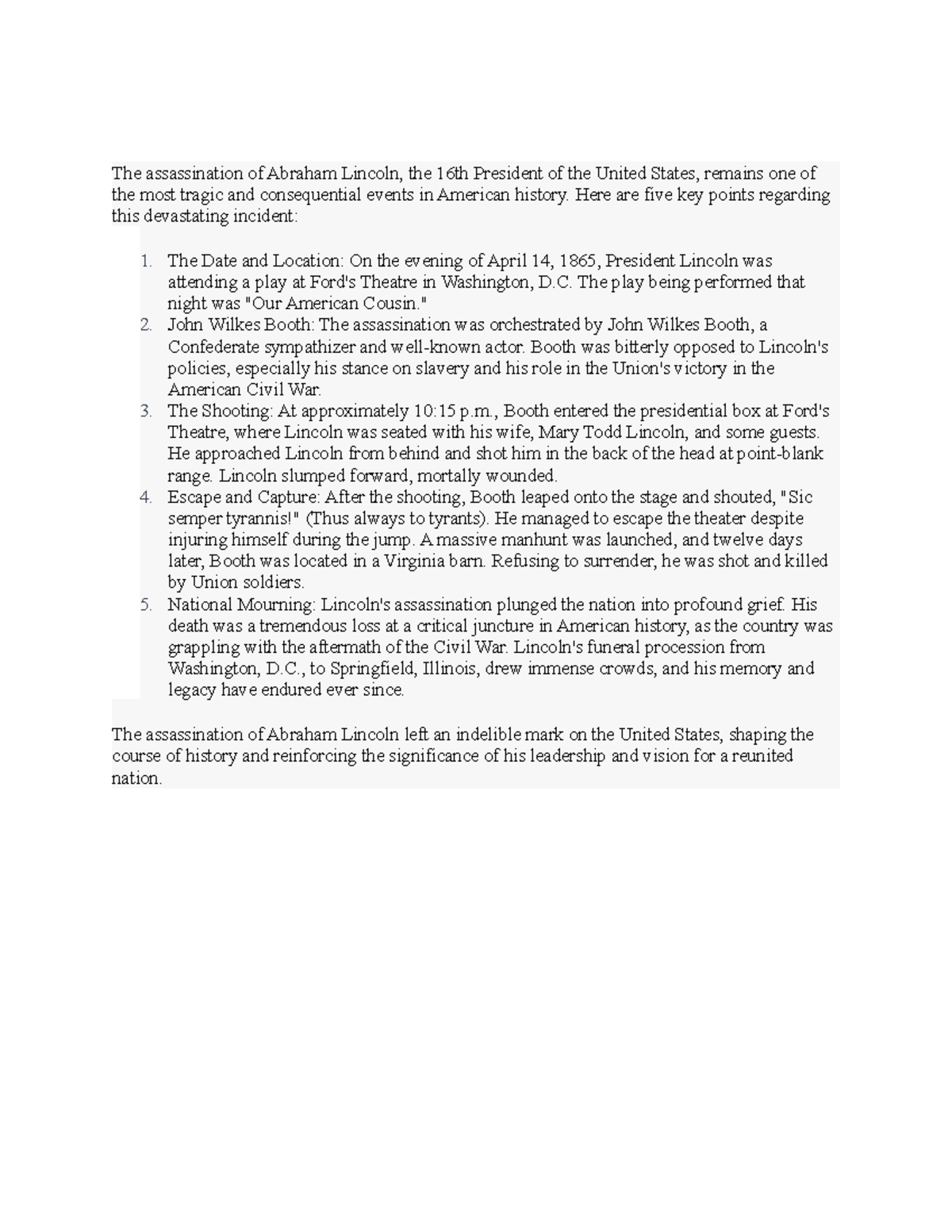 Lincoln Assassination: Key Points and Historical Impact Analysis - Studocu