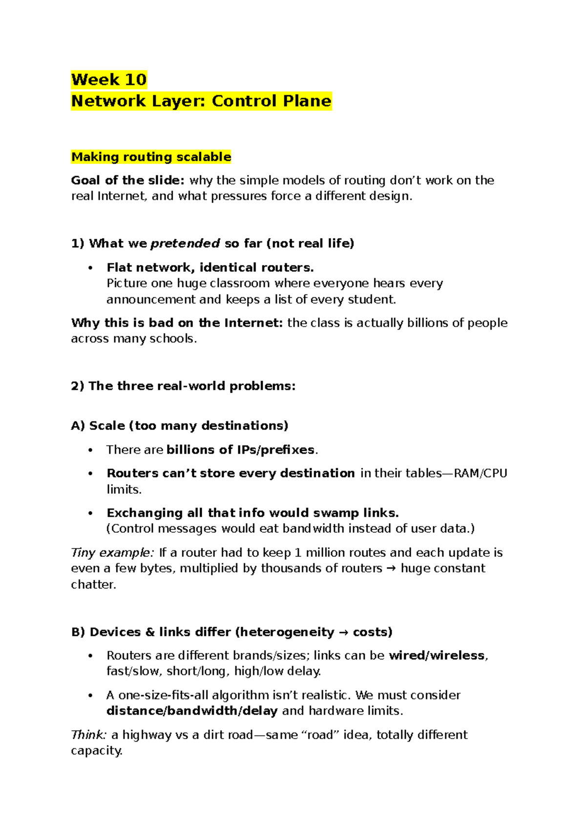 Week 10 Notes: Network Layer Control Plane & Scalable Routing - Studocu